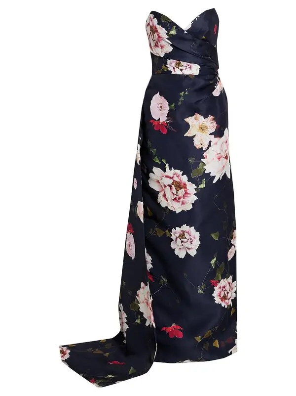 Monique Lhuillier Strapless Floral-print Silk-crepe Gown - Midnight Blue