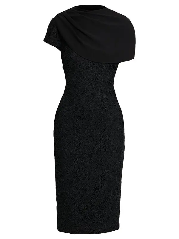 Badgley Mischka Crepe Paneled Guipure Lace Midi Dress - Black