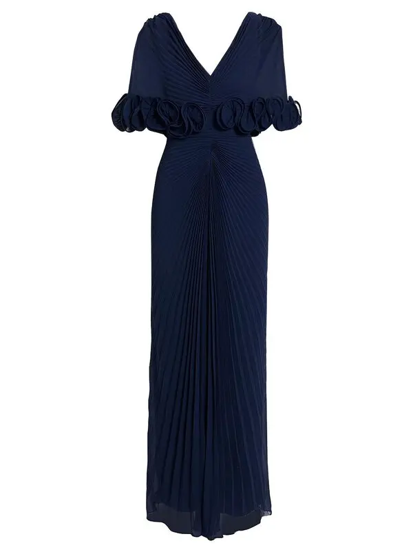Badgley Mischka Ruffled Pleated Georgette Gown - Navy