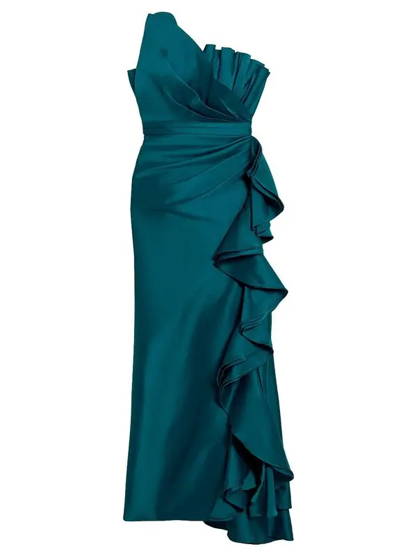 Badgley Mischka Strapless Ruffled Satin-twill Gown - Petrol