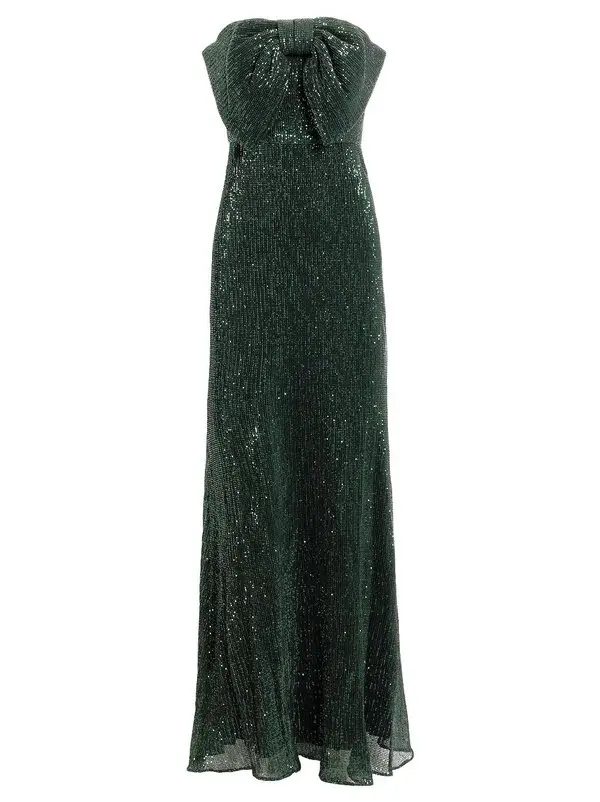 Badgley Mischka Strapless Sequined Tulle Gown - Dark Green