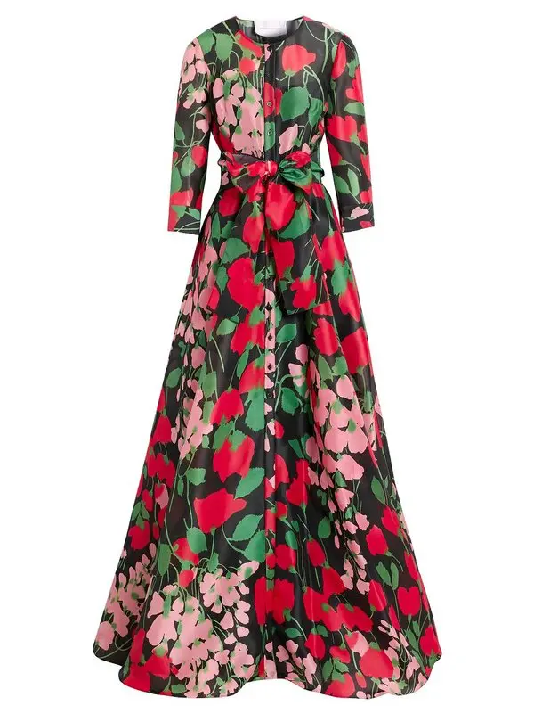 Carolina Herrera Belted Floral-print Silk Gazar Gown - Black