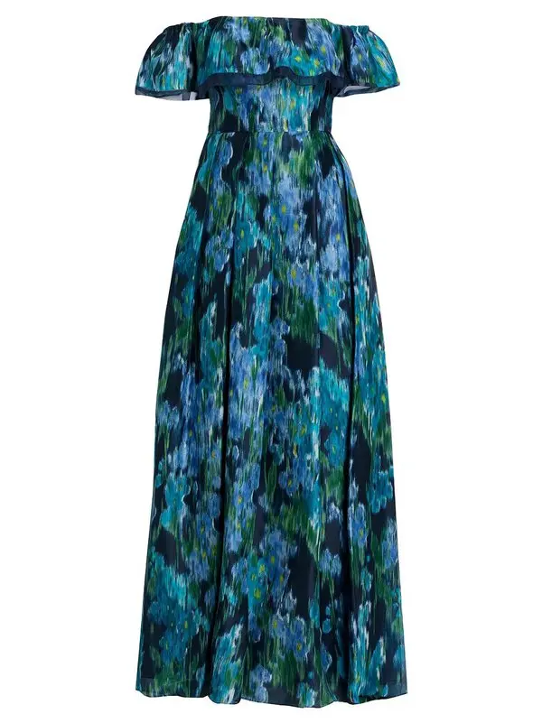 Carolina Herrera Off-the-shoulder Printed Silk-organza Gown - Navy