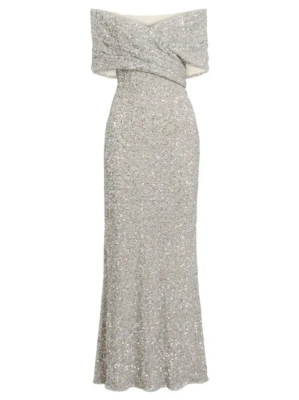Badgley Mischka Off-the-shoulder Draped Sequined Gown - Silver