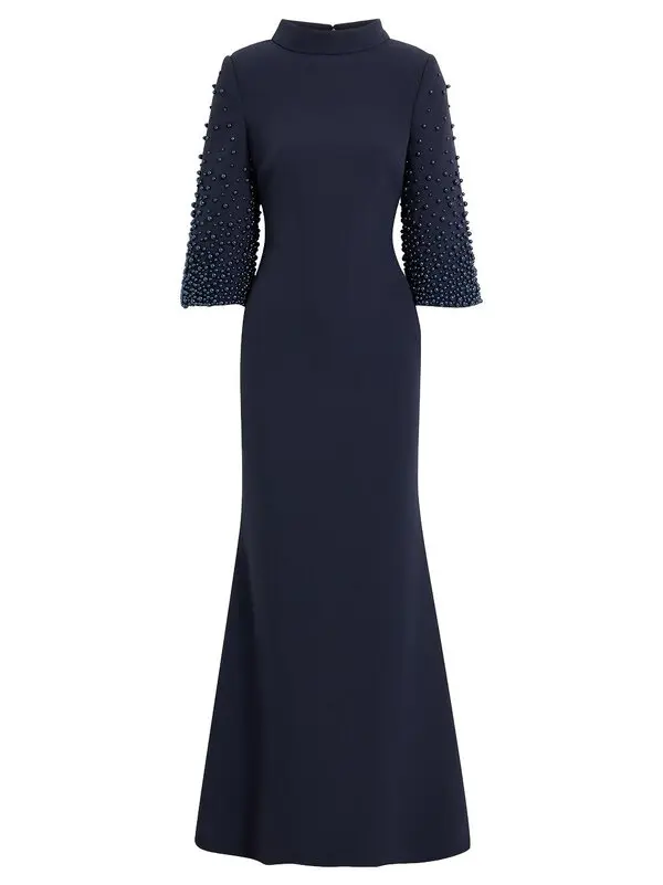 Badgley Mischka Bead-embellished Crepe Gown - Navy