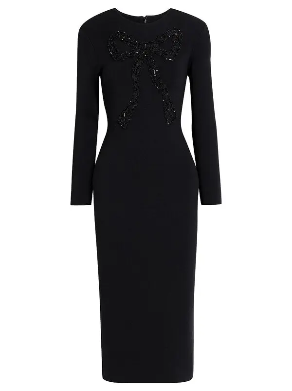 Carolina Herrera Bow-detailed Embellished Wool-blend Midi Dress - Black