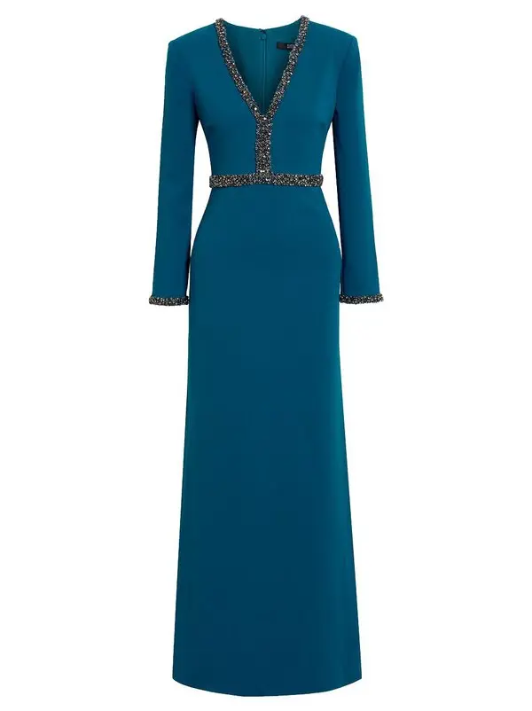 Badgley Mischka Embellished Tulle-trimmed Crepe Gown - Petrol