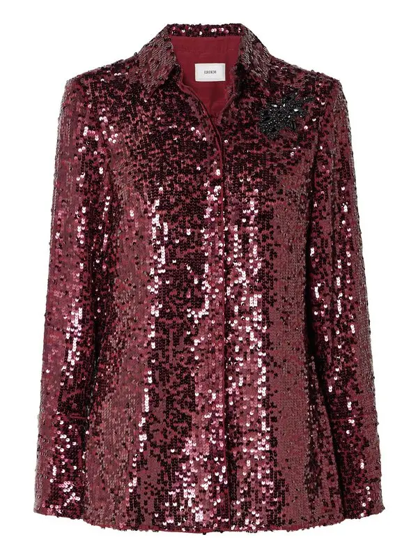 Erdem Crystal-embellished Sequined Shirt - Red