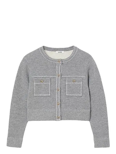 Sandro Contrast-stitch Wool-blend Cardigan - Grey