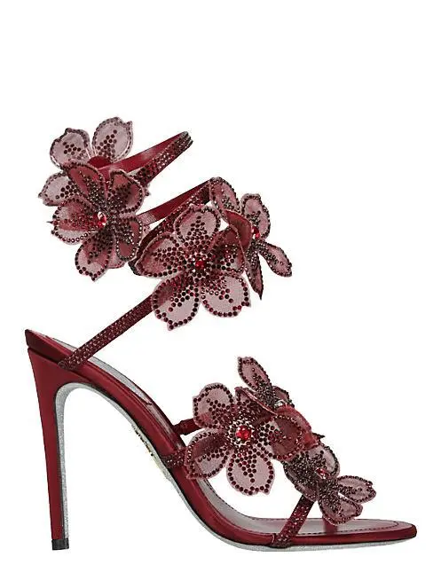 Rene Caovilla Floral Cleo 105 Satin Heeled Sandals - Wine