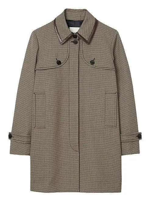 Sandro Houndstooth Trench With Leather Trim - Brown / Beige