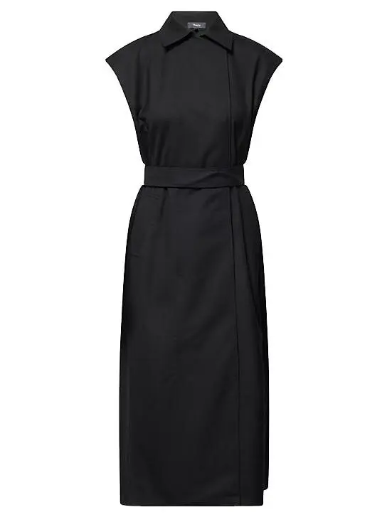Theory Belted Cap-sleeved Stretch-woven Midi Dress - Black