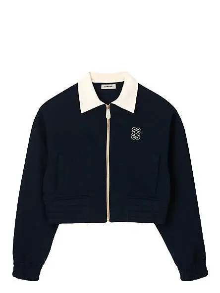 Sandro Cropped Logo-embroidered Cotton-jersey Cardigan - Deep Blu