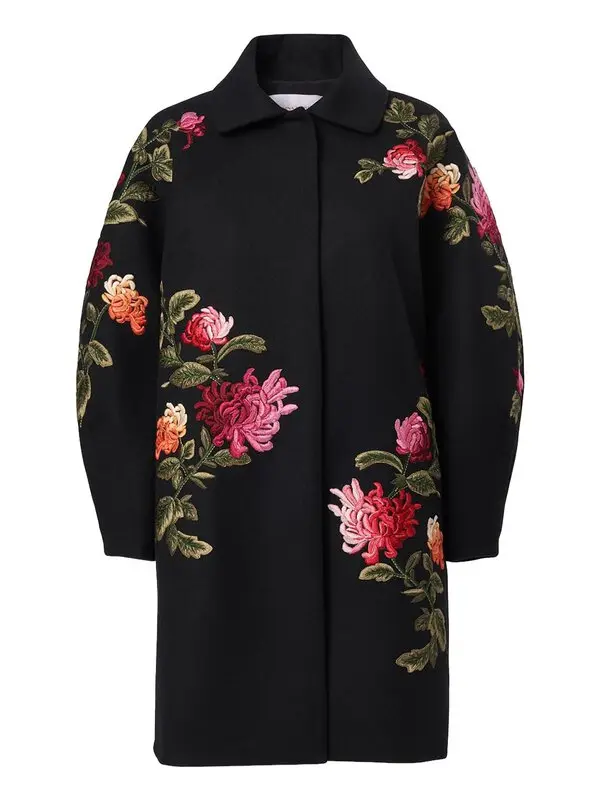 Carolina Herrera Floral-embroidered Wool Cocoon Coat - Black Multi