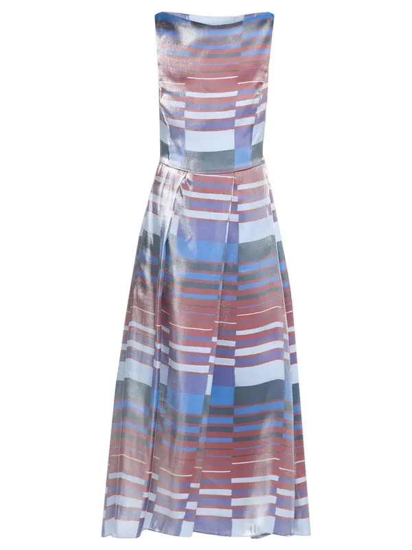 Emporio Armani Sleeveless Geometric-print Pleated Midi Dress - Blue Red Black White Geo Pattern