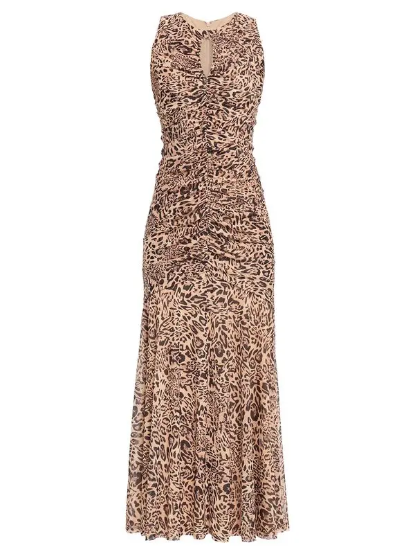 HUTCH Ruched Animal-print Mesh Maxi Dress - Natural Re