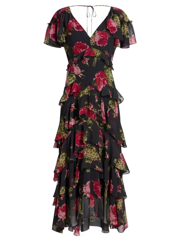 Cinq À Sept Baroque Roses Tatum Tiered Ruffle Midi Dress - Obsidian M