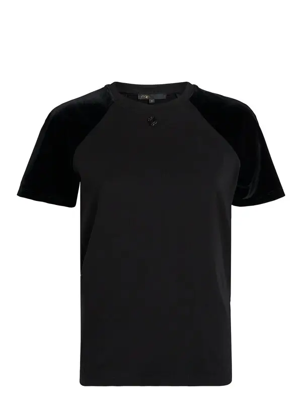 Maje Cotton T-shirt With Velvet Sleeves - Black