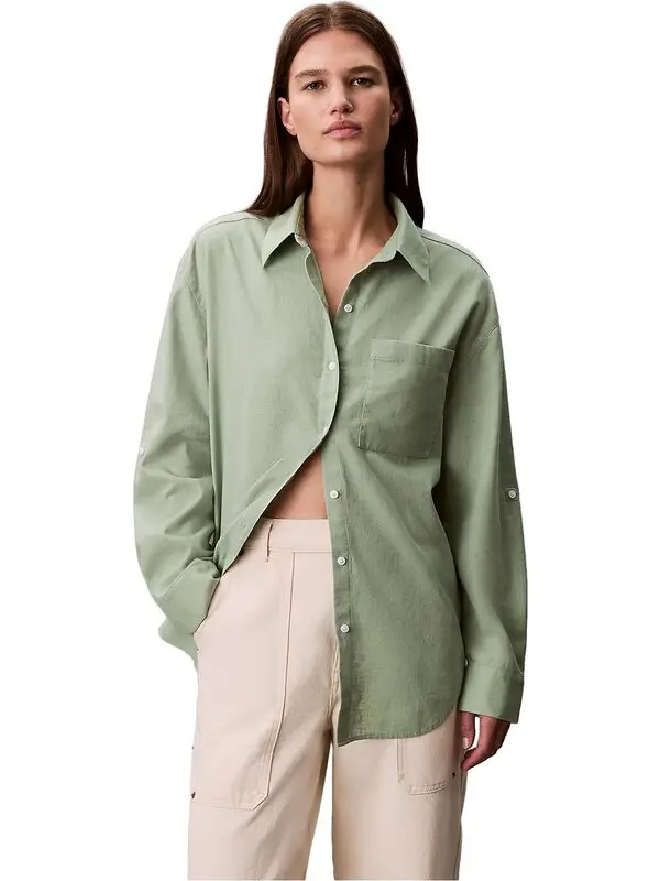 Calvin Klein Linen And Cotton Roll-tab Shirt - Basil