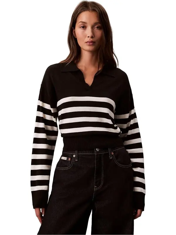 Calvin Klein Extra Fine Merino Blend Stripe Polo Sweater - Black Stripe