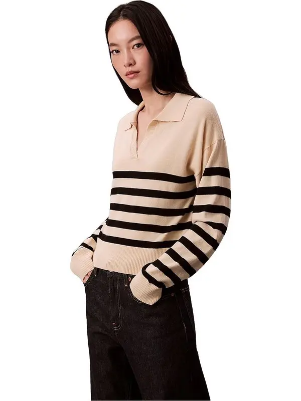 Calvin Klein Extra Fine Merino Blend Stripe Polo Sweater - Tuscan Beige