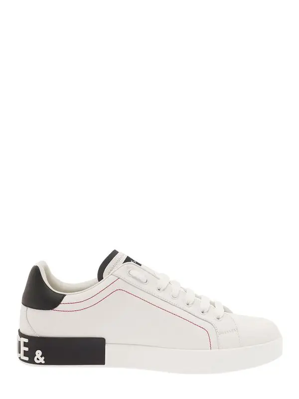 Dolce & Gabbana Portofino Low Top Sneakers With Patch Logo And Red Stitching - White