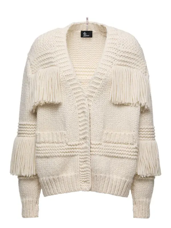 Moncler Fringe-trim Wool-blend V-neck Cardigan - White
