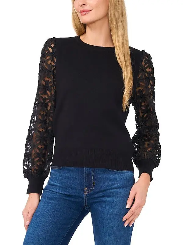 CECE DUPRAZ Floral Lace Combo Sweater - Rich Black