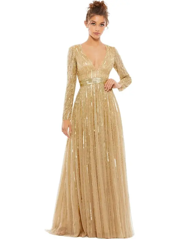 Mac Duggal Sequined V-neck A-line Gown With Illusion Sleeves - Gold