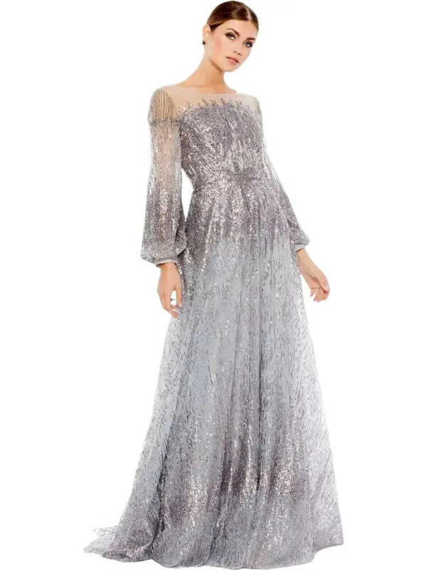 Mac Duggal Jewel Encrusted Illusion Long Sleeve A-line Gown - Gray