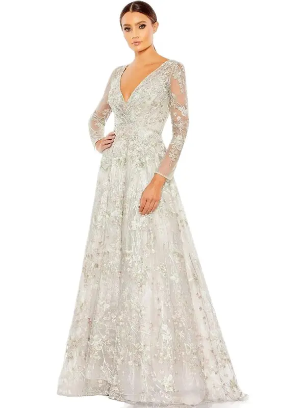 Mac Duggal A-line Floral Gown With Jewel Embellishments - Neutral