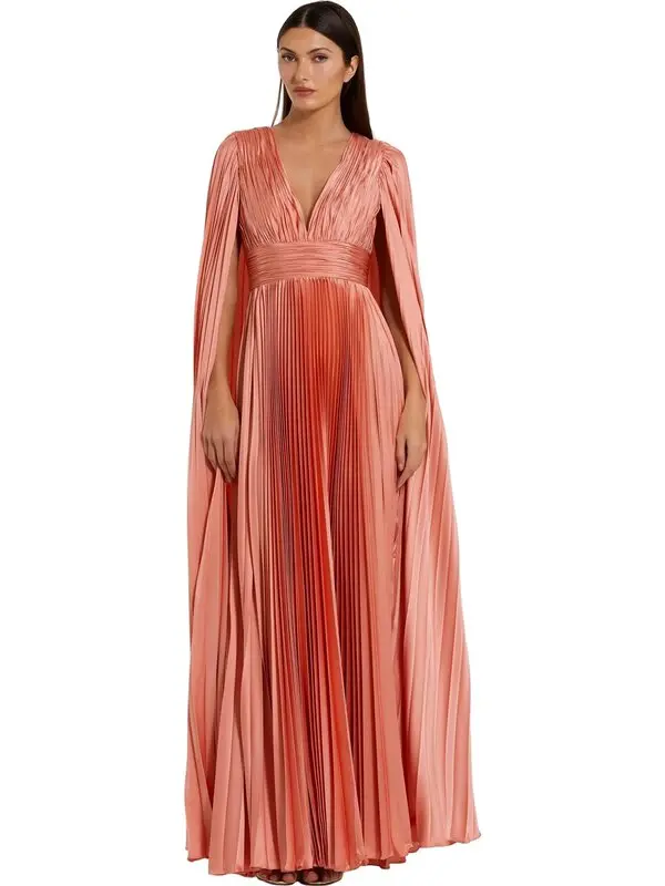 Mac Duggal Pleated Charmeuse V-neck Gown With Cape Sleeves - Pink