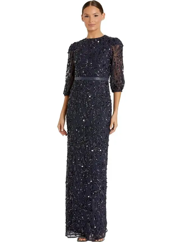 Mac Duggal Embellished Column Gown With 3/4 Sleeves - Midnight