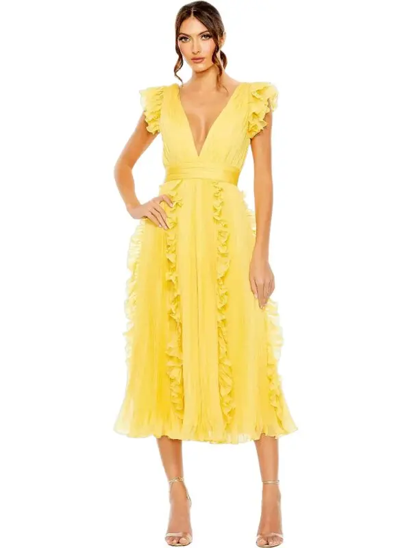 Mac Duggal Pleated Chiffon V-neck Ruffle Midi Dress - Yellow