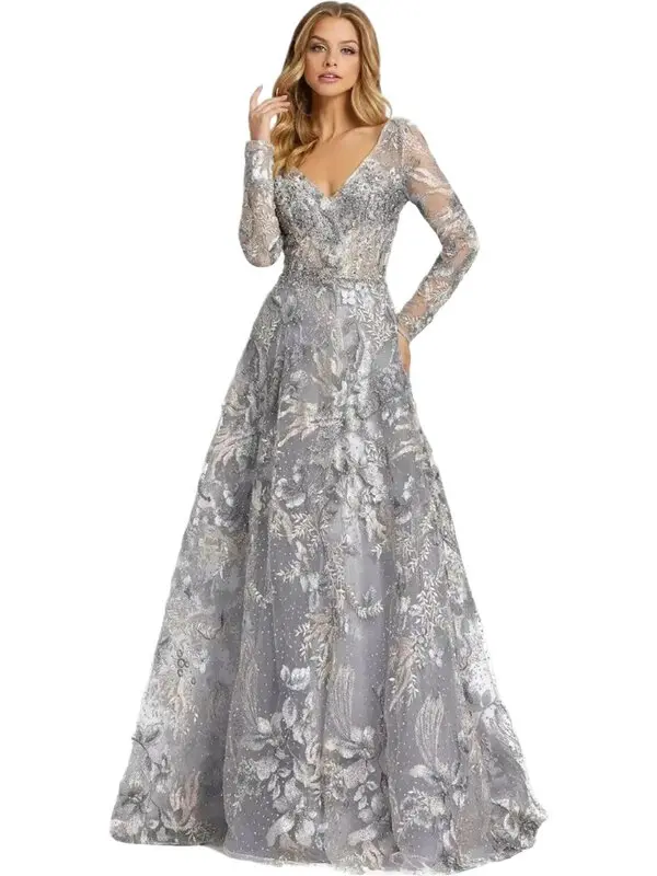 Mac Duggal Long Sleeve Beaded Applique Gown - Gray