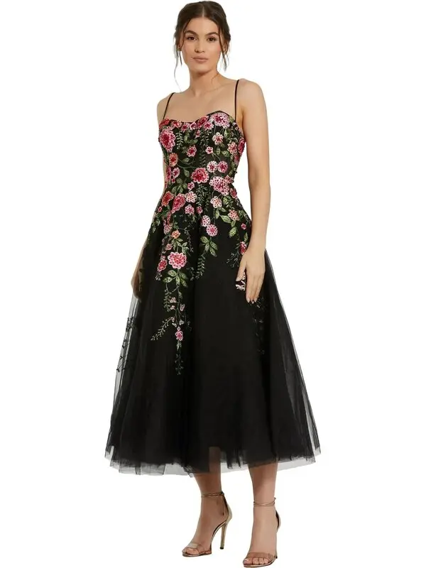 Mac Duggal Bustier Embroidered Floral A-line Dress - Black