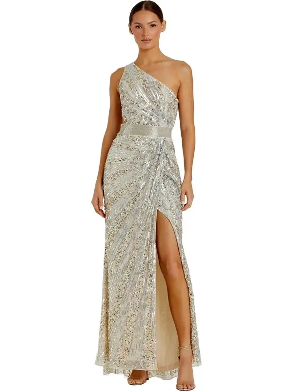 Mac Duggal Sequined One Shoulder Lace Up Gown - Silver