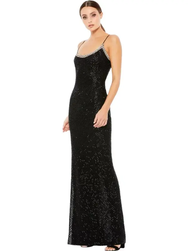 Mac Duggal Beaded Spaghetti Strap Column Gown - Black
