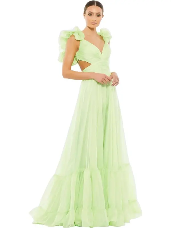 Mac Duggal Ruffle Tiered Cut-out Chiffon Gown - Green