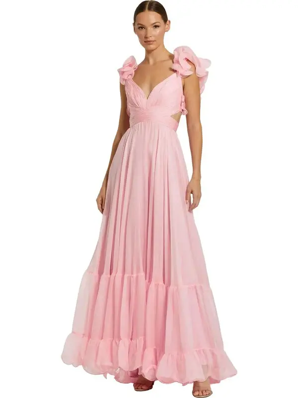 Mac Duggal Ruffle Tiered Cut-out Chiffon Gown - Pink