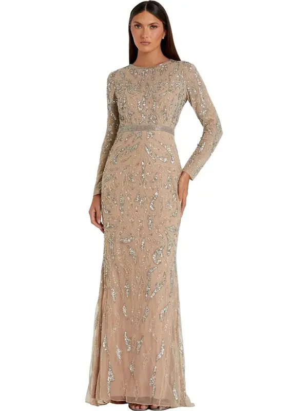 Mac Duggal Long Sleeve Beaded Evening Gown - Neutral