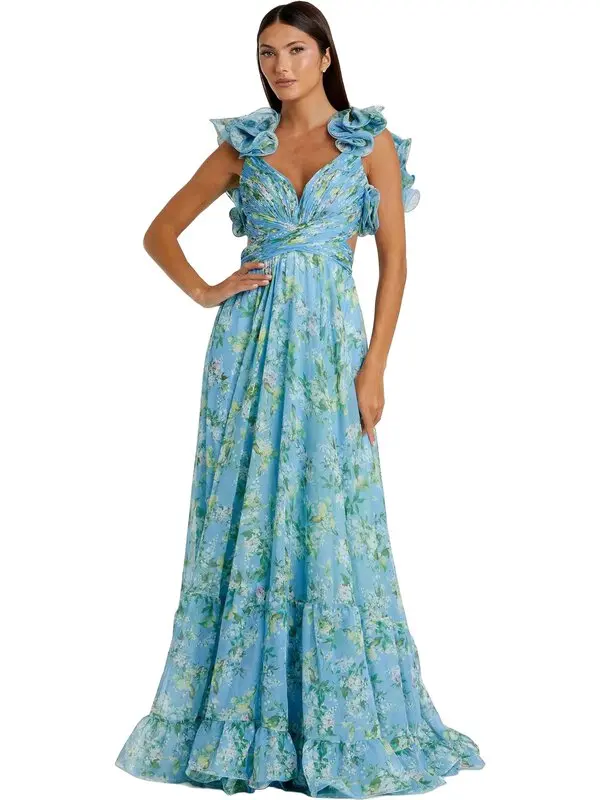 Mac Duggal Ruffle Tiered Floral Cut-out Chiffon Gown - Blue