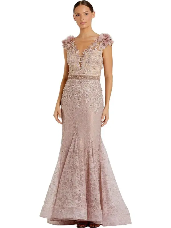 Mac Duggal Illusion Bodice Embroidered Trumpet Gown - Pink