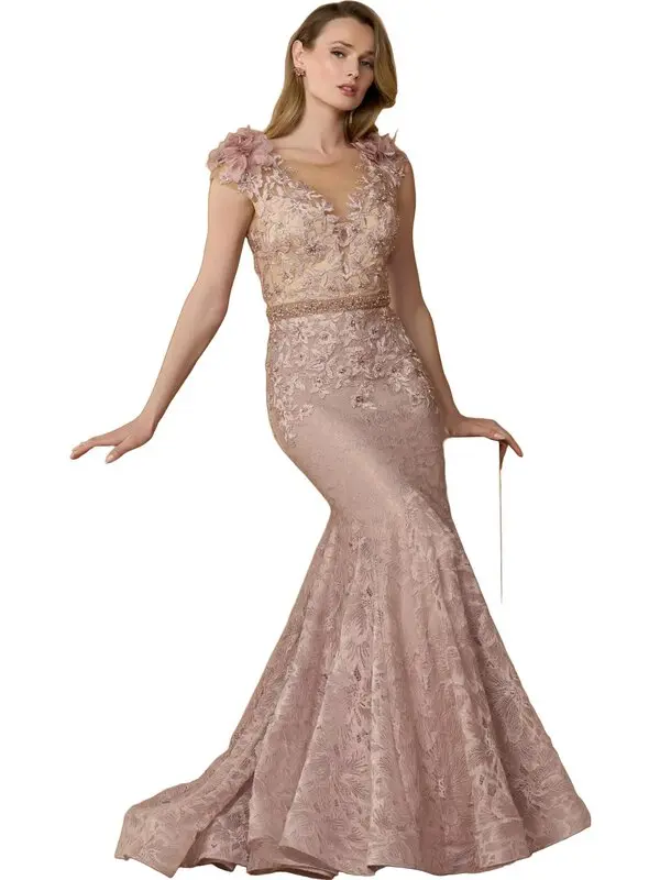 MAC DUGGAL COLLECTION Embroidered Lace Gown With 3d Floral Appliques - Pink