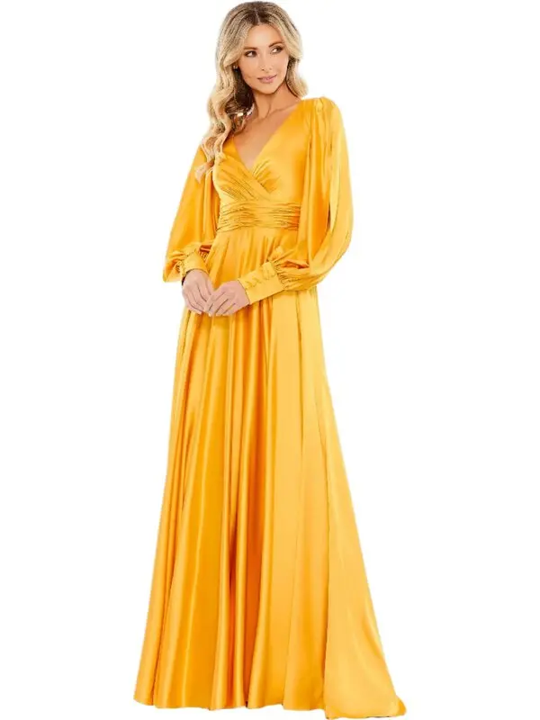 Mac Duggal Split Bishop Sleeve Wrap Gown - Yellow