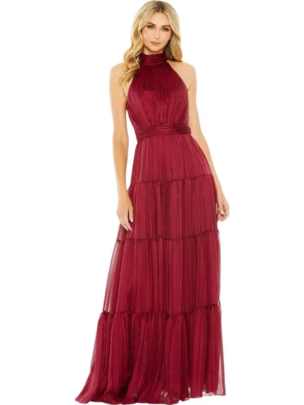 Mac Duggal Tie Halter Neck Tiered Gown - Red