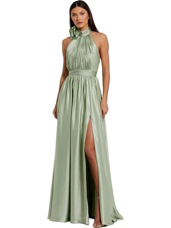 Mac Duggal Halter Neck High Slit Gown - Green