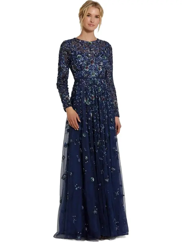 Mac Duggal Embellished High Neck A-line Gown - Navy