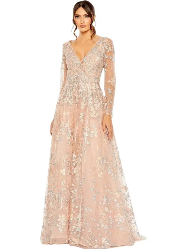 Mac Duggal Embroidered Lace Illusion Long Sleeve Gown - Pink