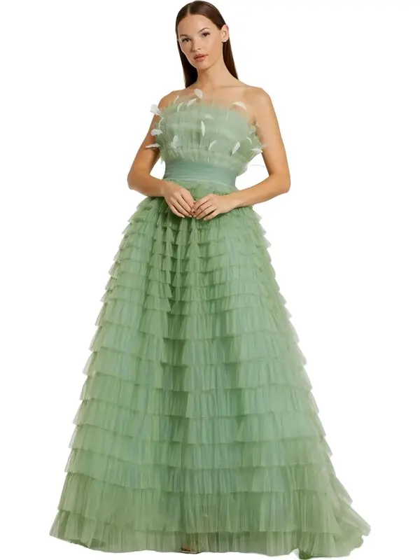 Mac Duggal Strapless Ruffle Gown With Feather Detailing - Green
